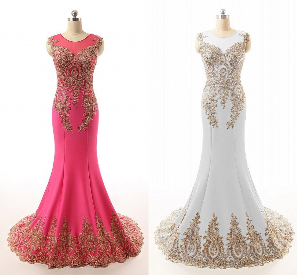 Fashion White Prom Dresses 2018 Gold Lace Mermaid Formal Gowns For ...