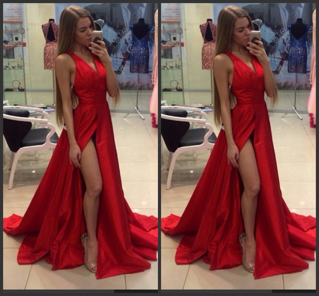 Red Carpet Dress Sexy Evening Split Prom Dress 2018 Deep V Neck ...