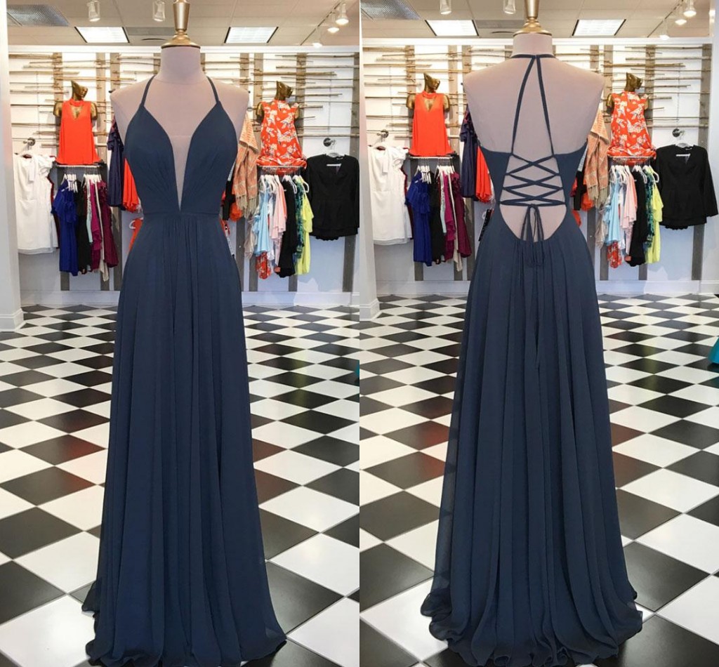 Sexy Criss Cross Halter Prom Dresses Long Open Back Chiffon Bridesmaid ...